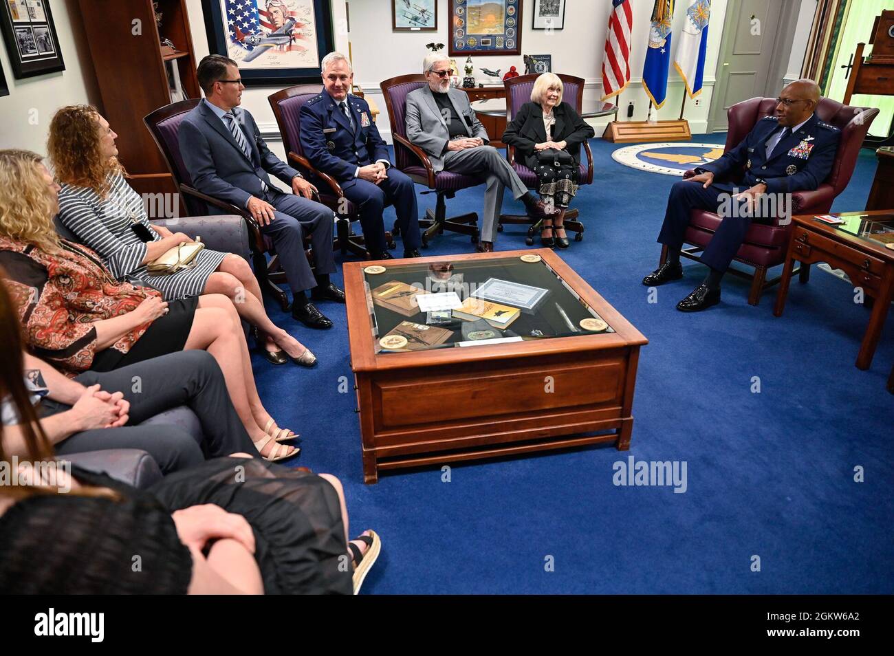 Air Force Chief of Staff Gen. CQ Brown, Jr., right, speaks with Lt. Gen ...