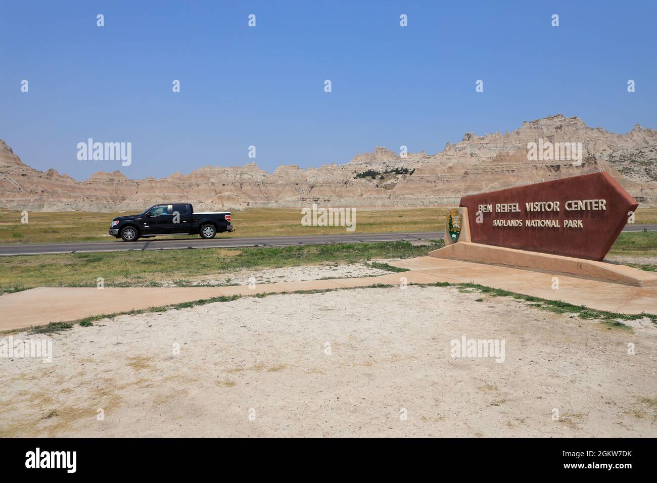 The sign of Badlands National Park Ben Reifel Visitor Center.South ...
