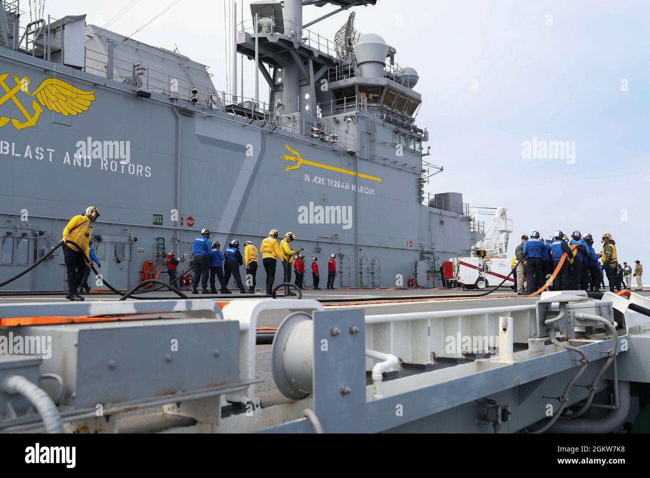 210707-N-VJ326-1263 PACIFIC OCEAN (July 7, 2021) – Sailors participate in a flight deck ...