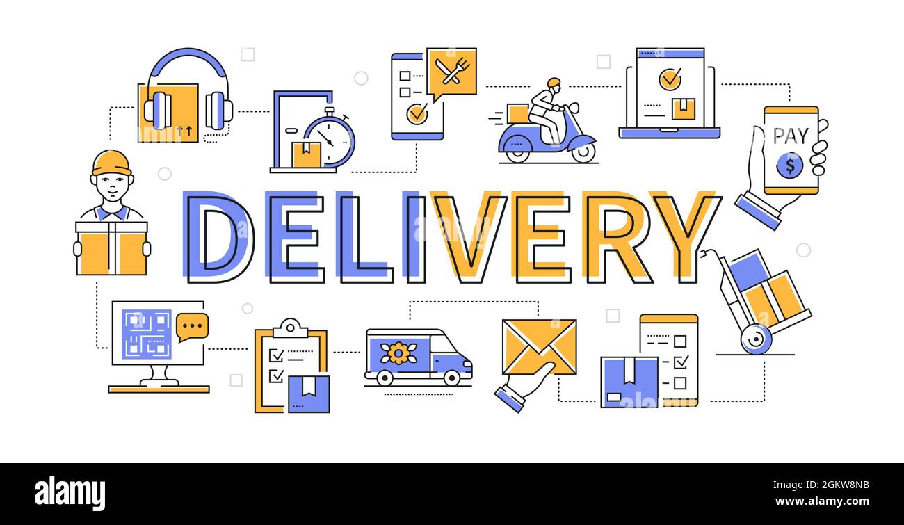 Delivery - line design style modern banner in blue and yellow color ...