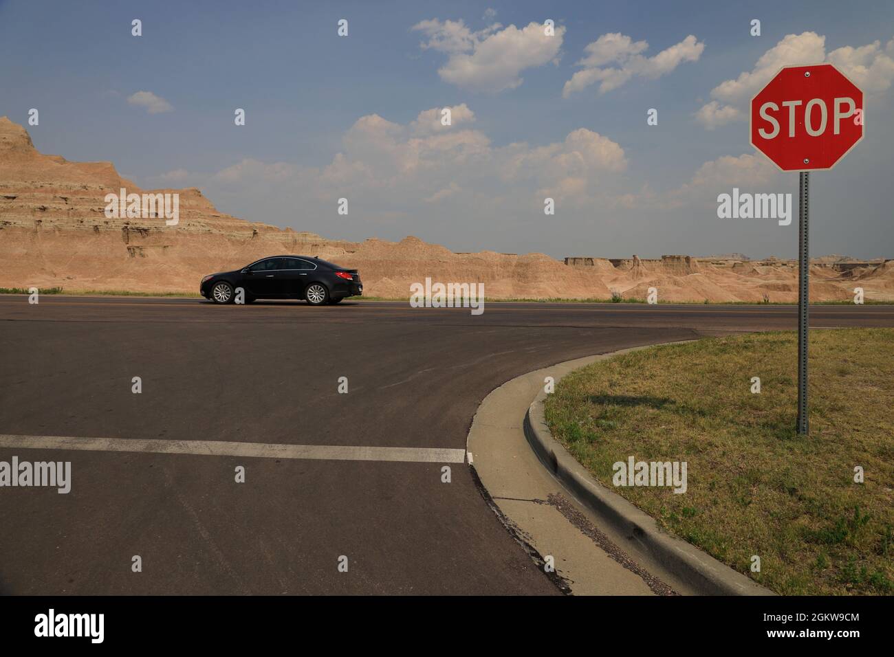 stop sign by the road in Badlands National Park.South Dakota.USA Stock ...