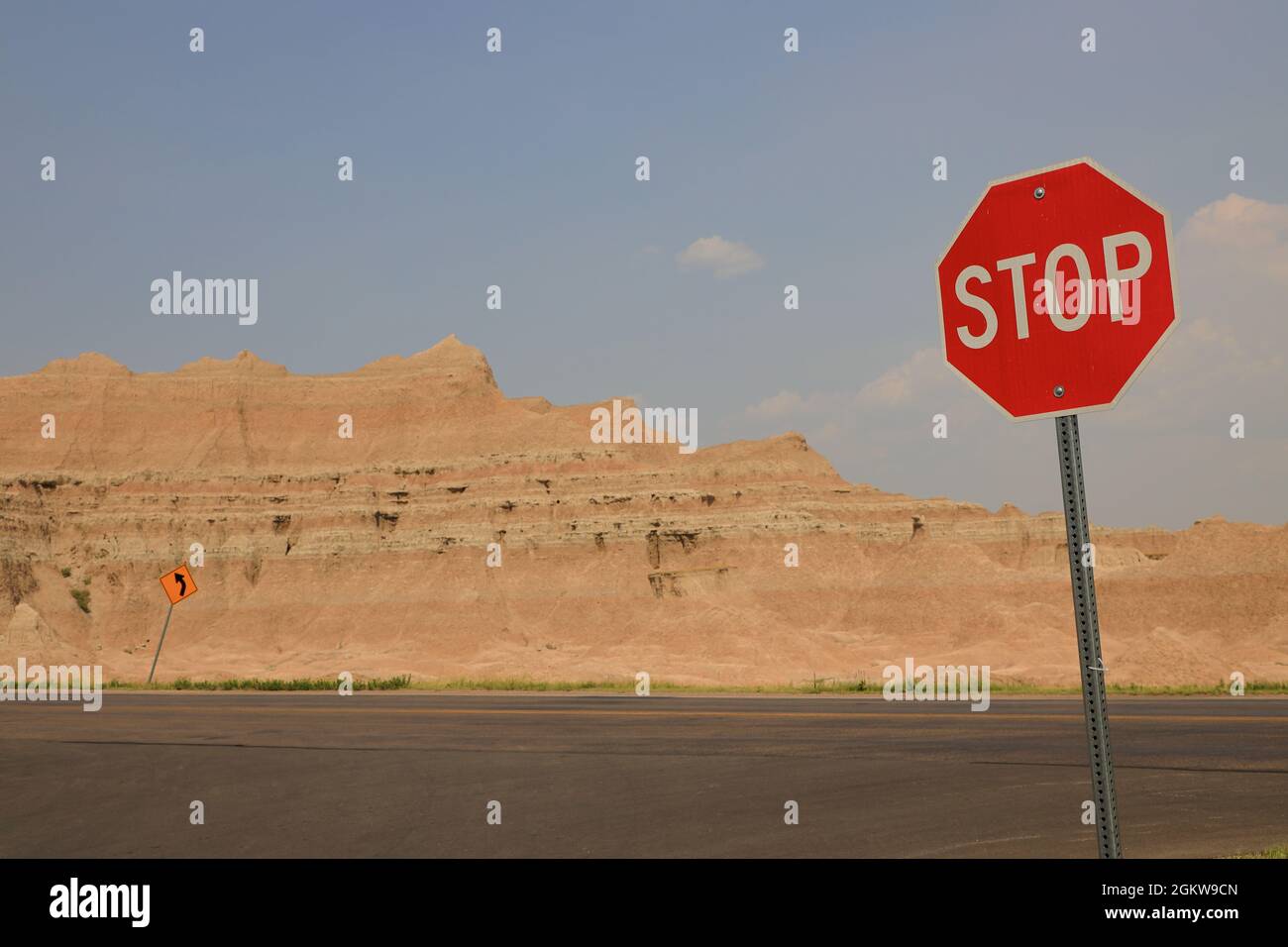 stop sign by the road in Badlands National Park.South Dakota.USA Stock ...