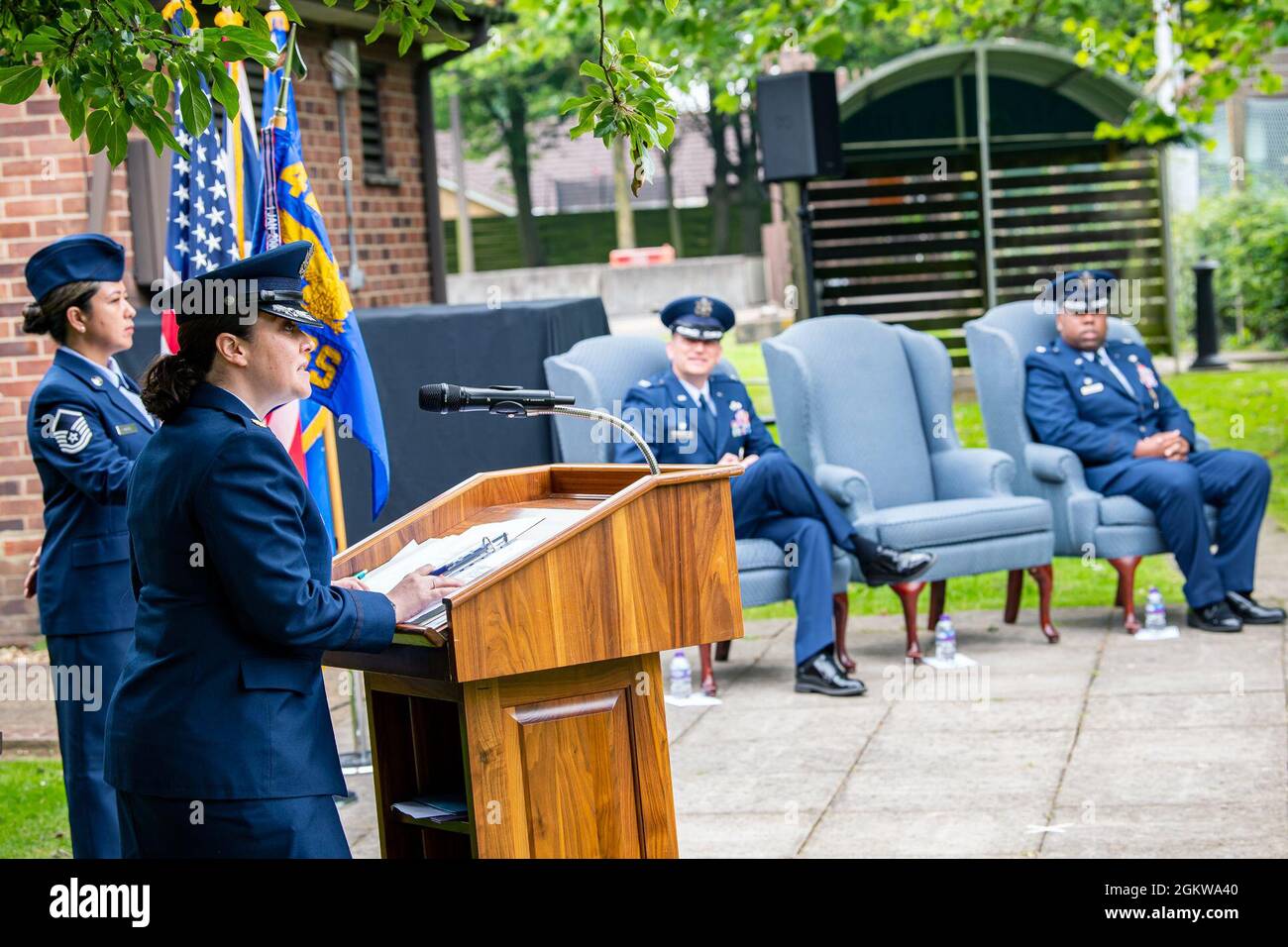 U.S. Air Force Maj. Kirsten Nicholls, center left, 423rd Force Support Squadron incoming ...