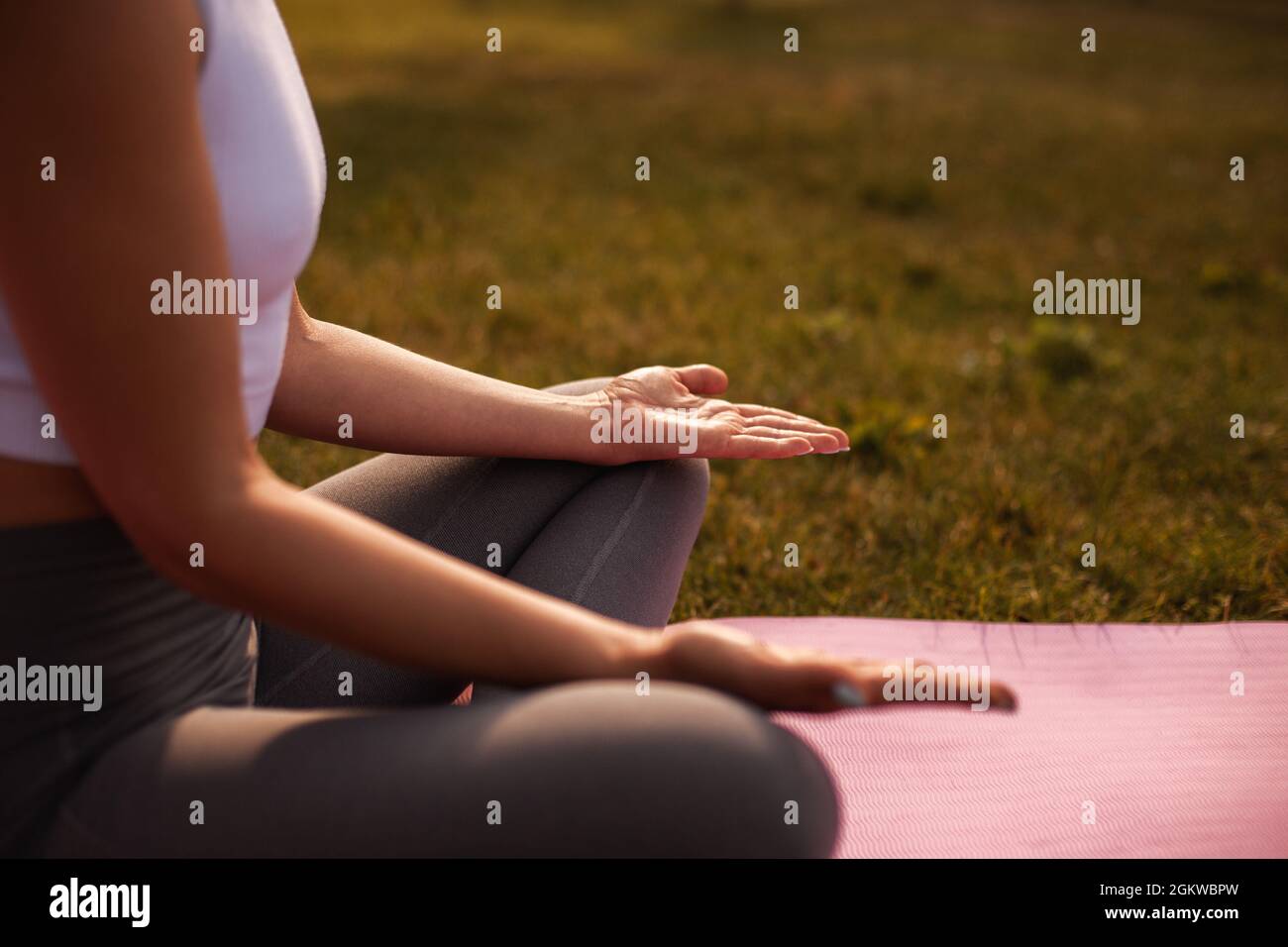 macro woman open palms in meditating pose, concept of inner peace and ...