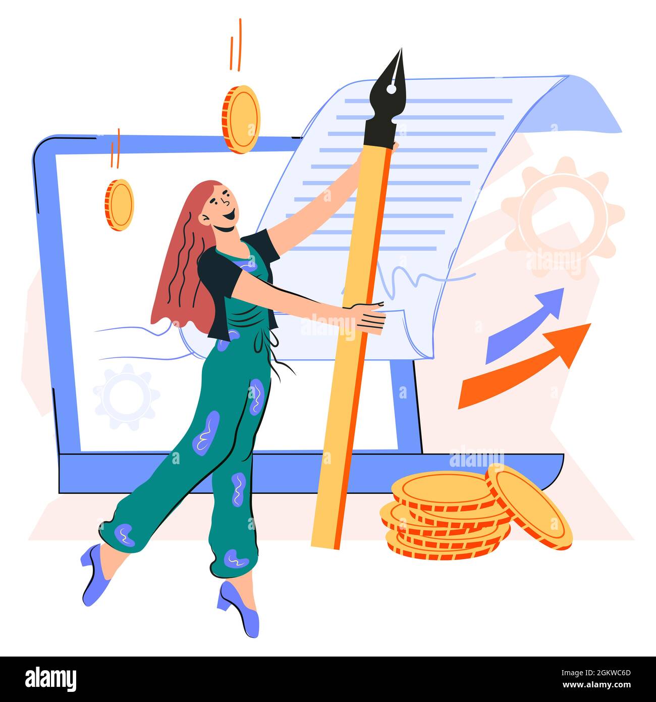 Online contract signing concept with business woman cartoon character ...