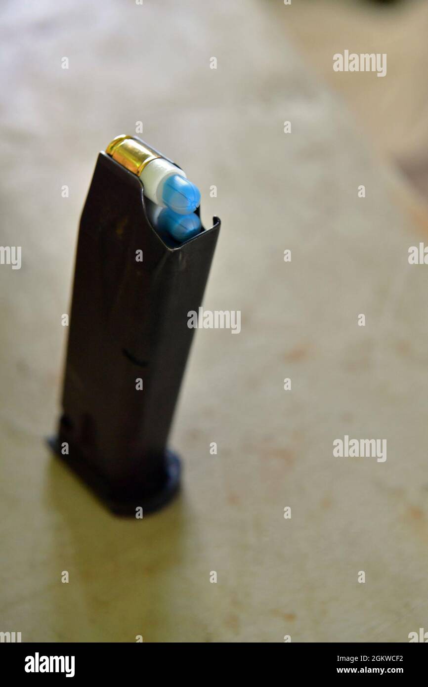 A M9 pistol magazine loaded with 9mm blue marking cartridges is ...