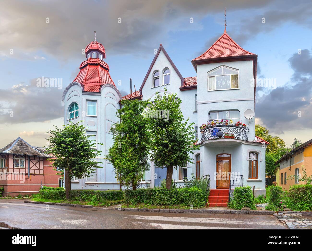 Beautiful house with turrets on Moskovsky street. Kaliningrad region ...