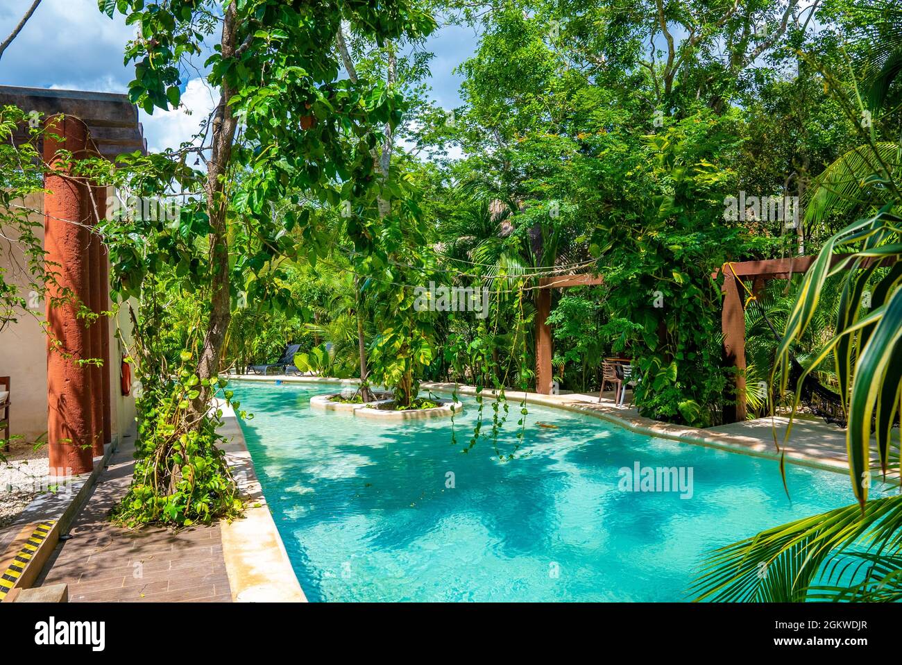 Tranquil swimming pool with trees and hammock at luxury hotel resort ...