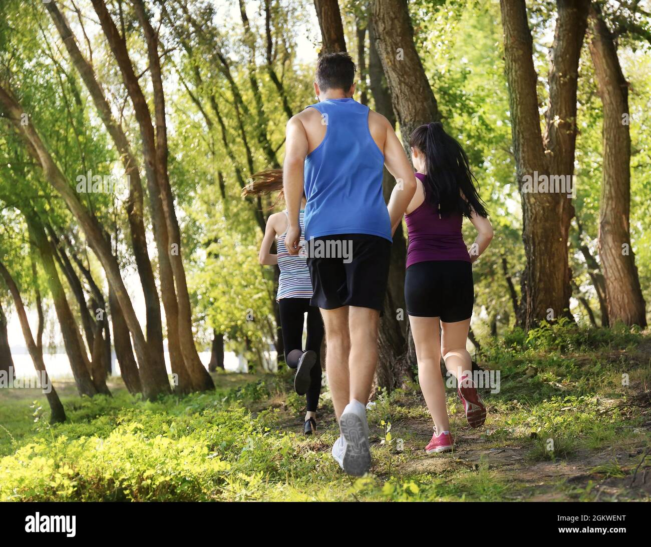 Group of young people running in park Stock Photo - Alamy