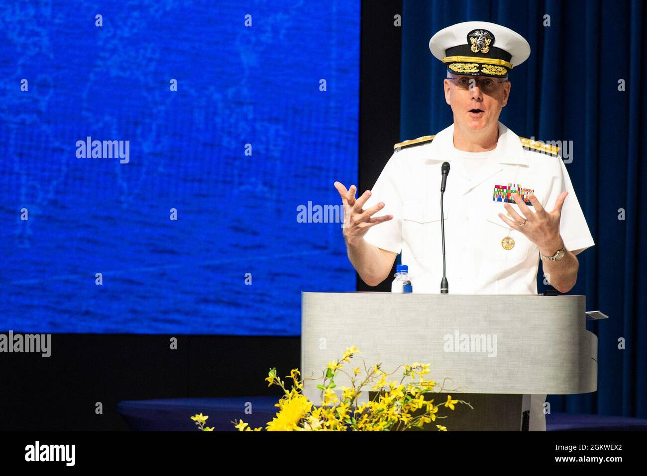U.S. Navy Rear Admiral Tim Weber, commander of Navy Medicine West, delivers remarks during the ...