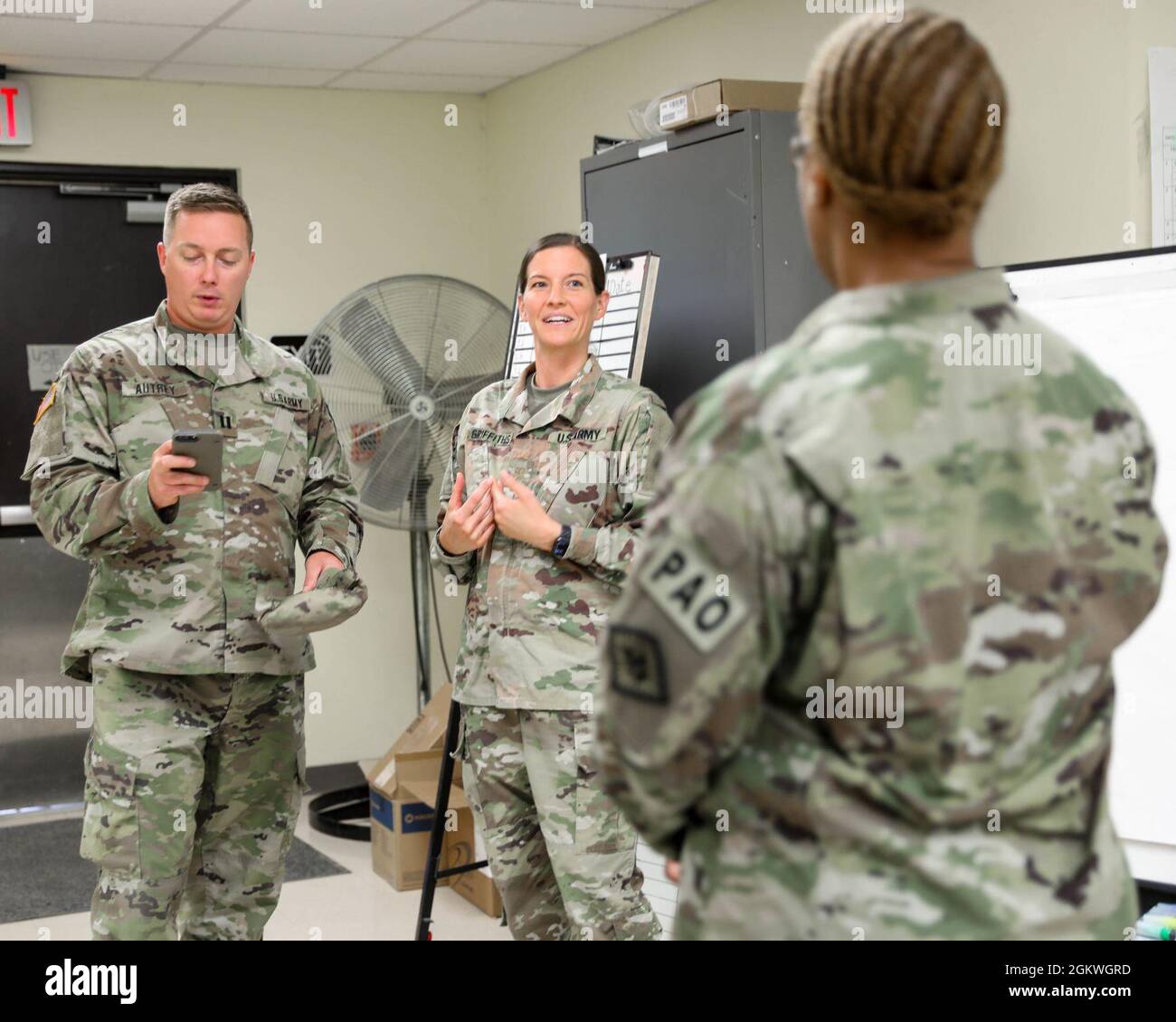 Cpt. Joshua Autrey and 1st Sgt. Vanessa Jordan, meet with the Maj ...