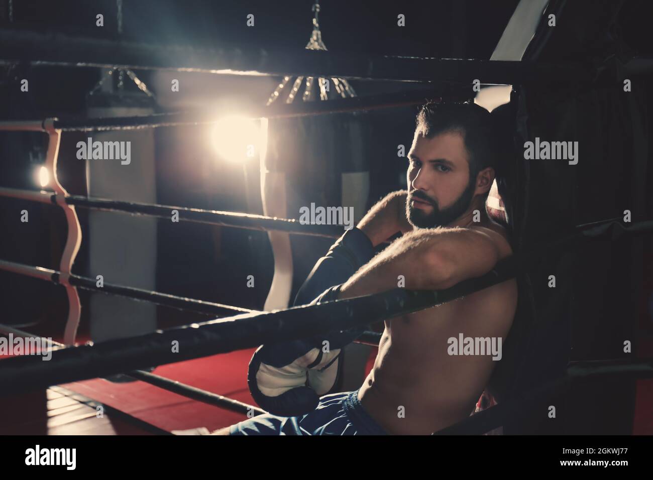 Professional boxer having break during training Stock Photo - Alamy