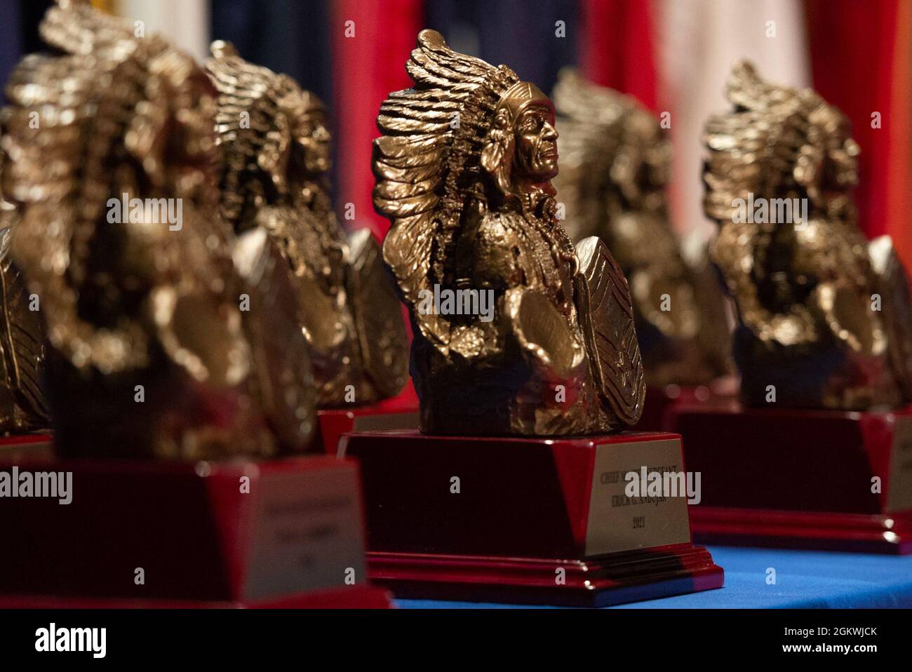 Busts of a Chiefs Head sit on a table to be handed out during the Chief ...