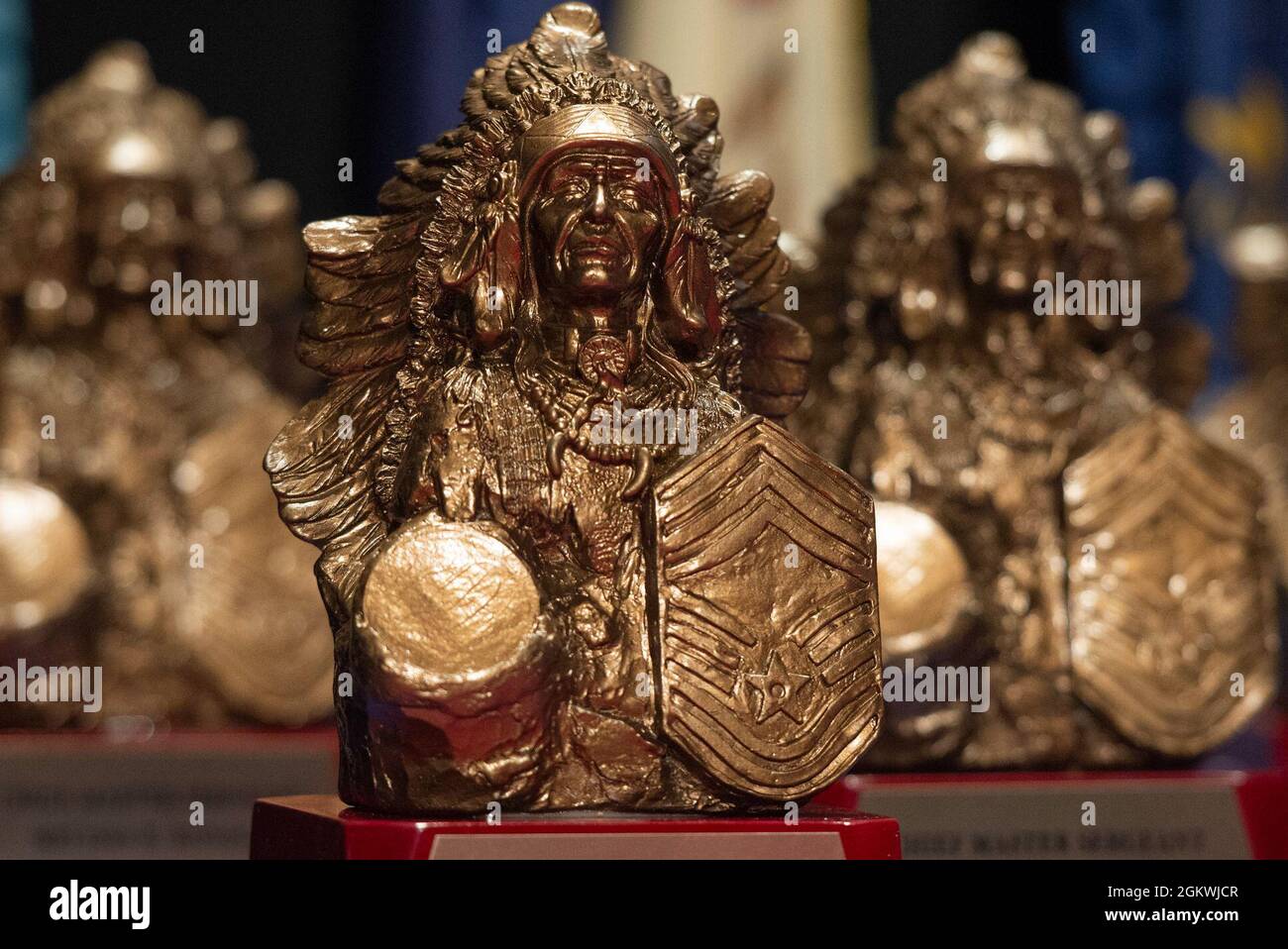 Busts of a Chiefs Head sit on a table to be handed out during the Chief ...