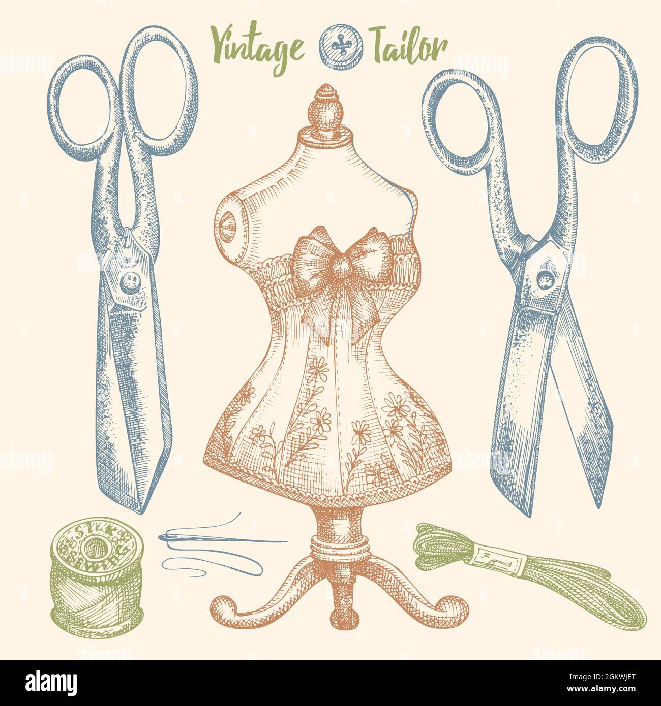 Set of hand-drawn vintage sewing tools. Sew machine, Needle, scissors ...
