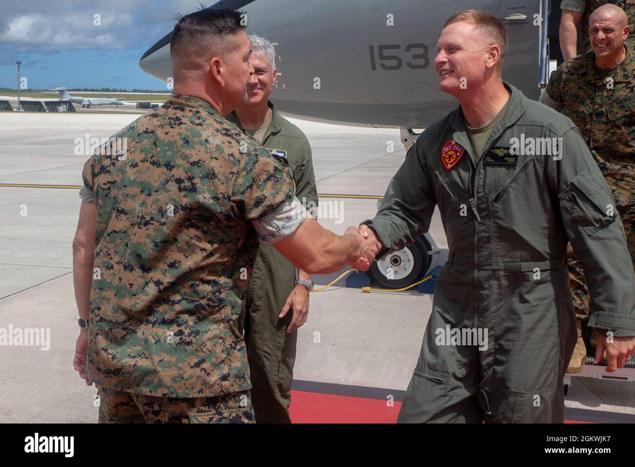 Lt. Col. Tate Buntz, the Marine Corps Base (MCB) Camp Blaz Operations Officer, greets Lt. Gen ...