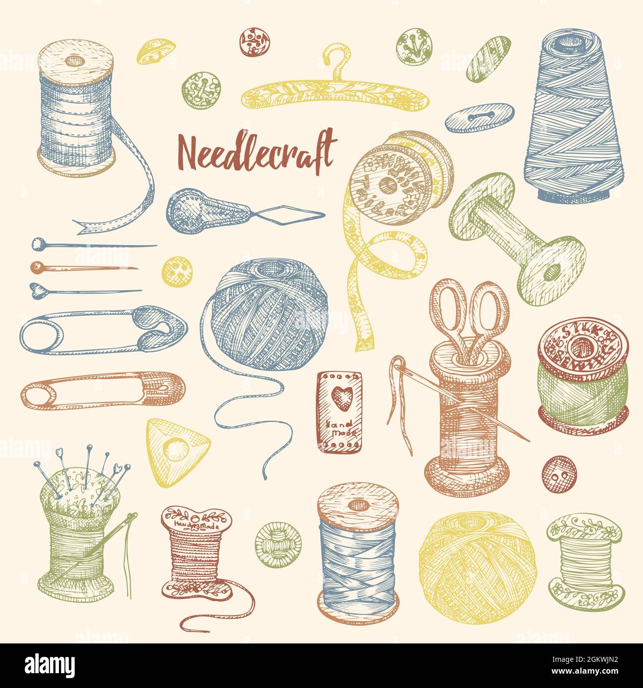 Set of hand-drawn vintage sewing tools. Sew machine, Needle, scissors ...