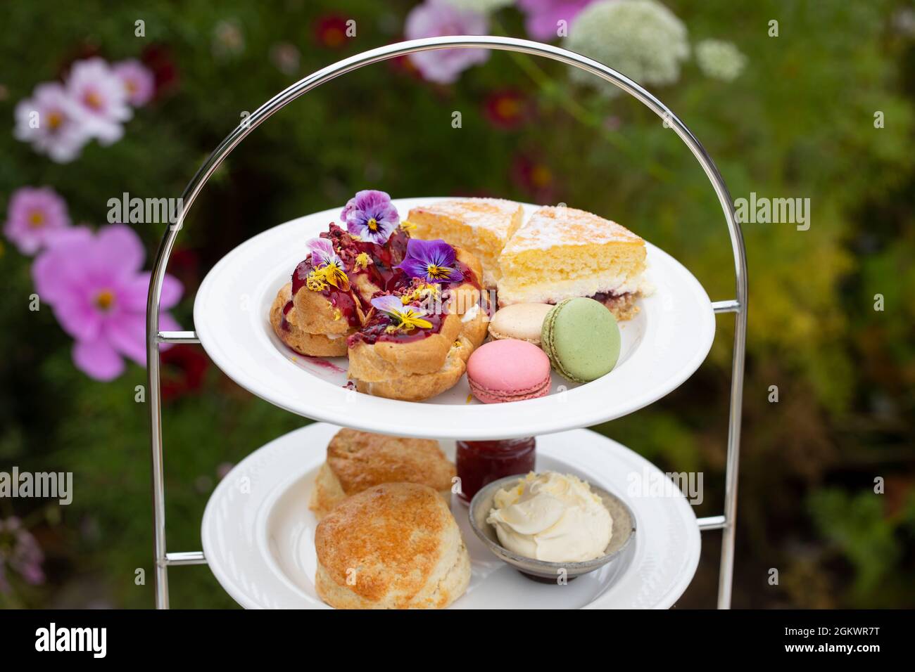 Afternoon tea with cakes, scones and macaroons Stock Photo - Alamy