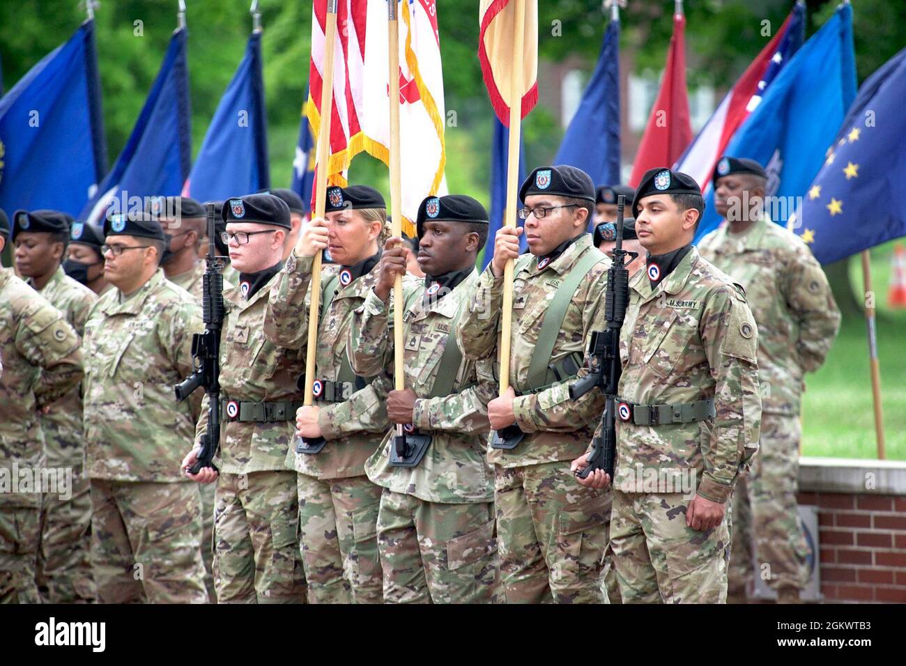 The 1st Theater Sustainment Command color guard displays the colors ...