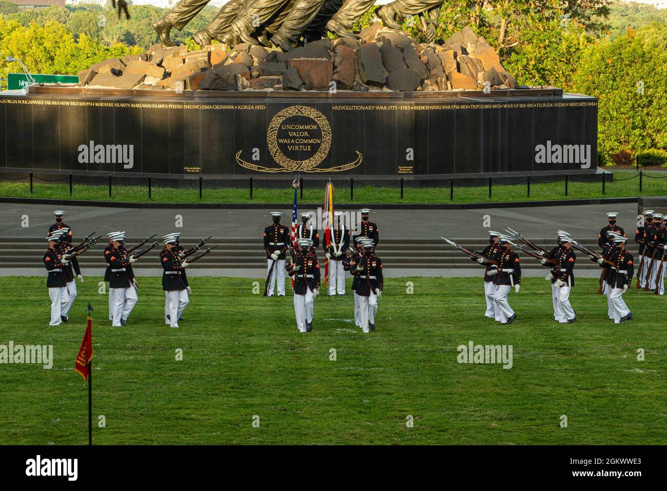 Marines with the Silent Drill Platoon perform during the Tuesday Sunset ...