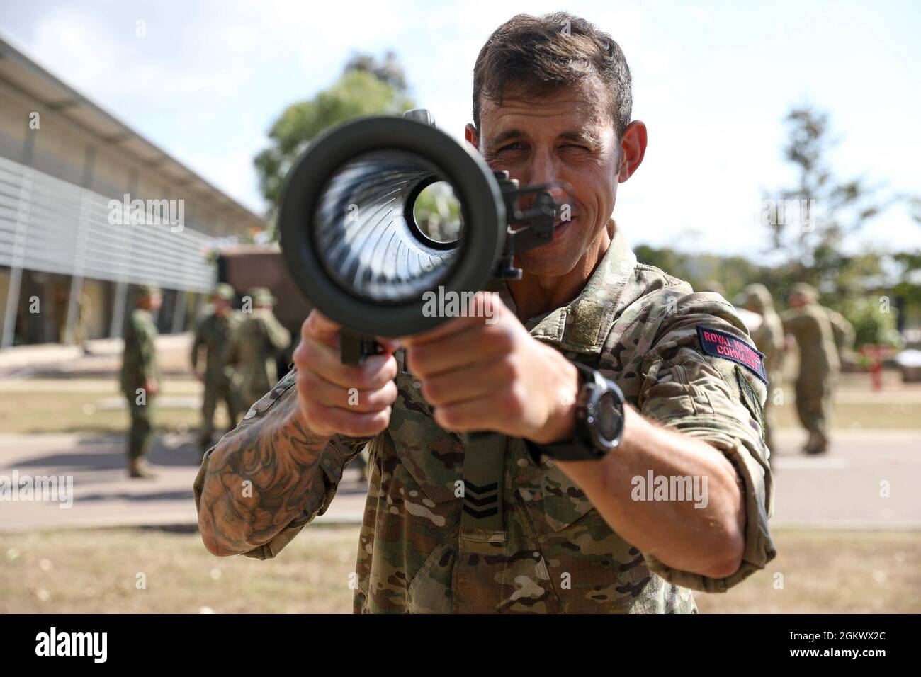 A Royal Marine sergeant aims a M3E1 Multi-purpose Anti-armor Anti ...