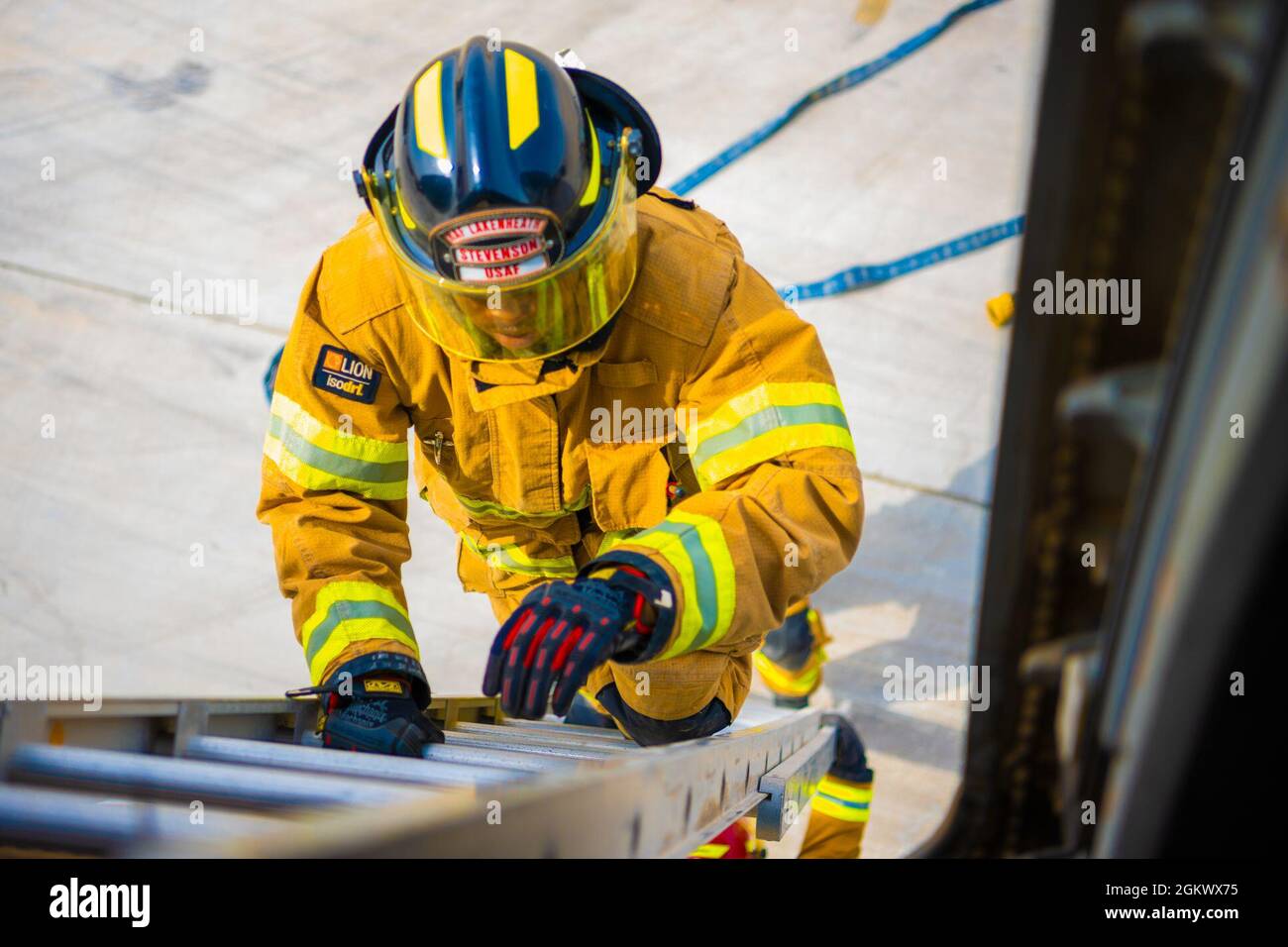 A U.S. Air Force Airman of the 380th Expeditionary Fire Department ...