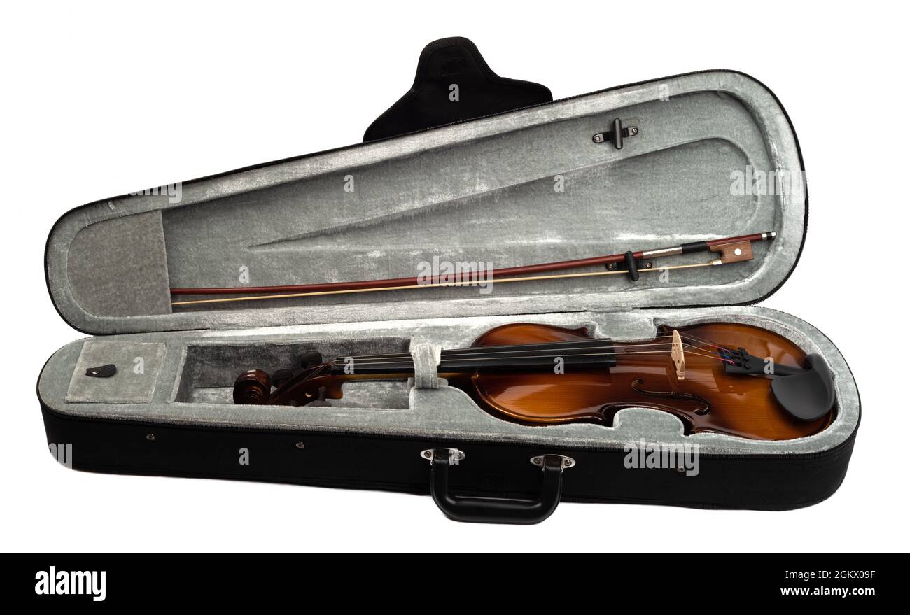Open case with violin and bow inside. Isolated on white, copy space ...