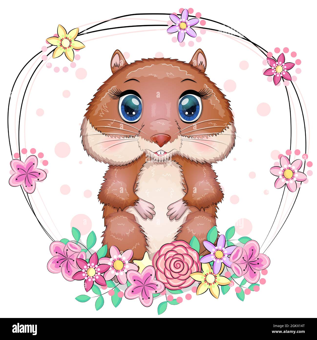 Cute cartoon hamster characters, funny animal in flowers Stock Vector ...