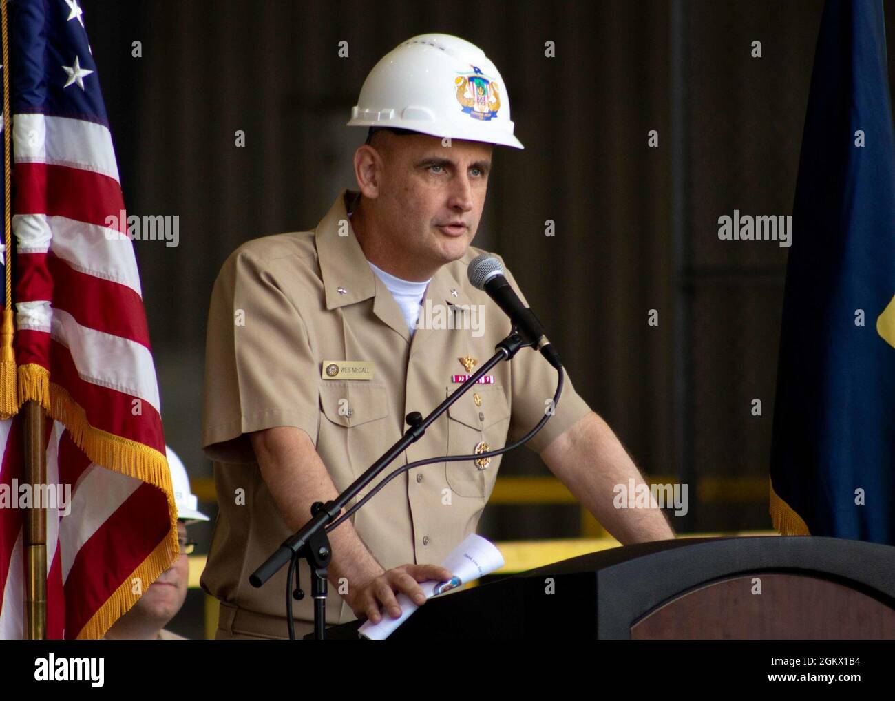 Commander, Navy Region Southeast Rear Adm. Wesley McCall speaks to a ...
