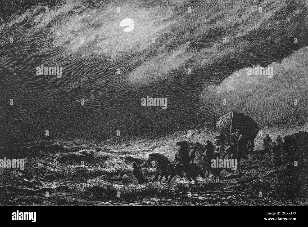 Men and horses pulling an open boat out into the stormy wadden sea at ...