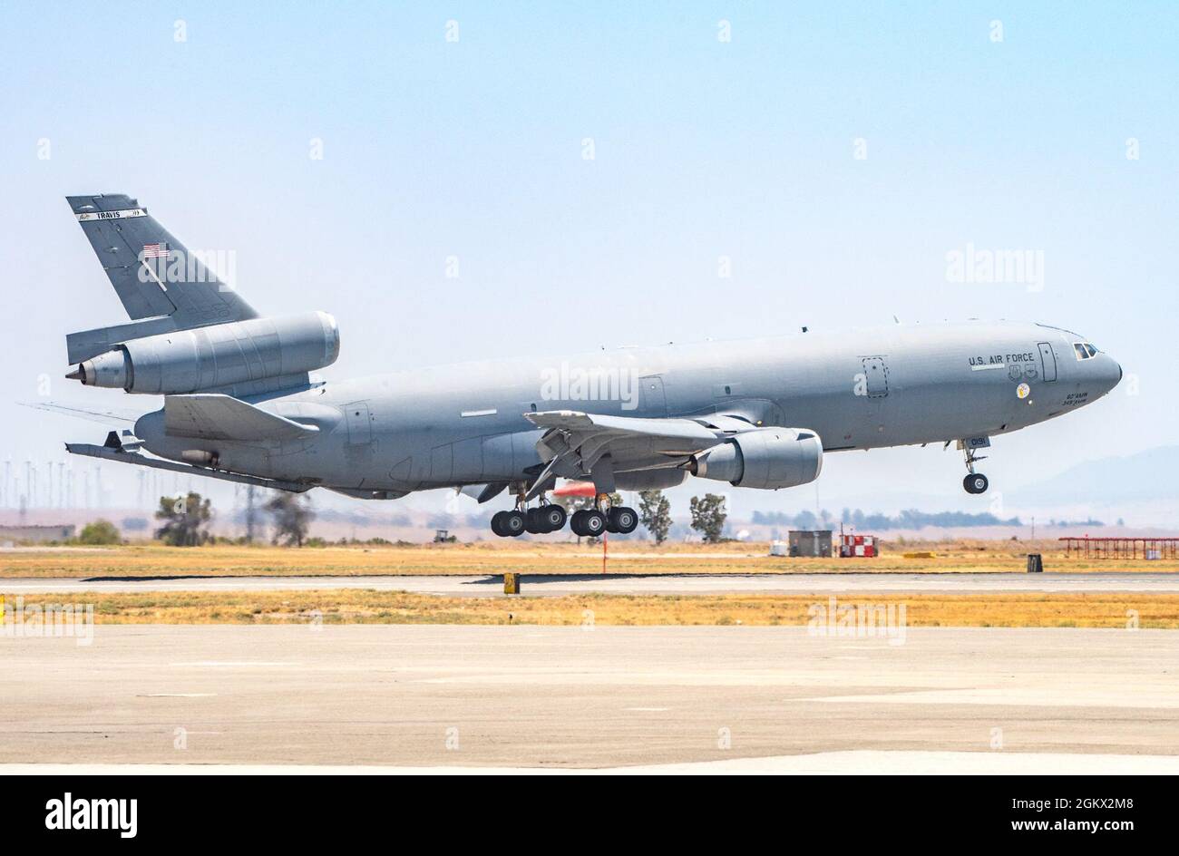A KC-10 Extender makes a final approach July 14, 2021, at Travis Air Force Base, California ...