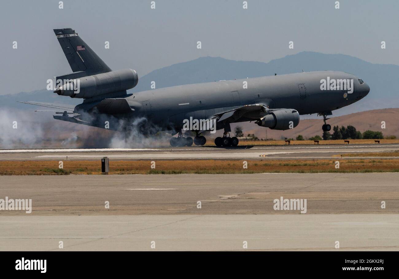 A KC-10 Extender touches down July 14, 2021, at Travis Air Force Base ...