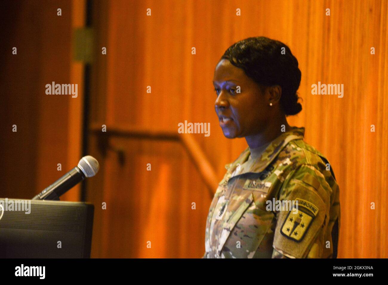 Command Sgt. Maj. Chesa S. Freeman addresses the audience shortly after ...