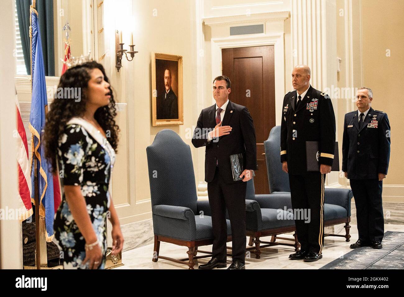 Ashleigh Robinson, Miss Oklahoma 2021, sings the national anthem during ...