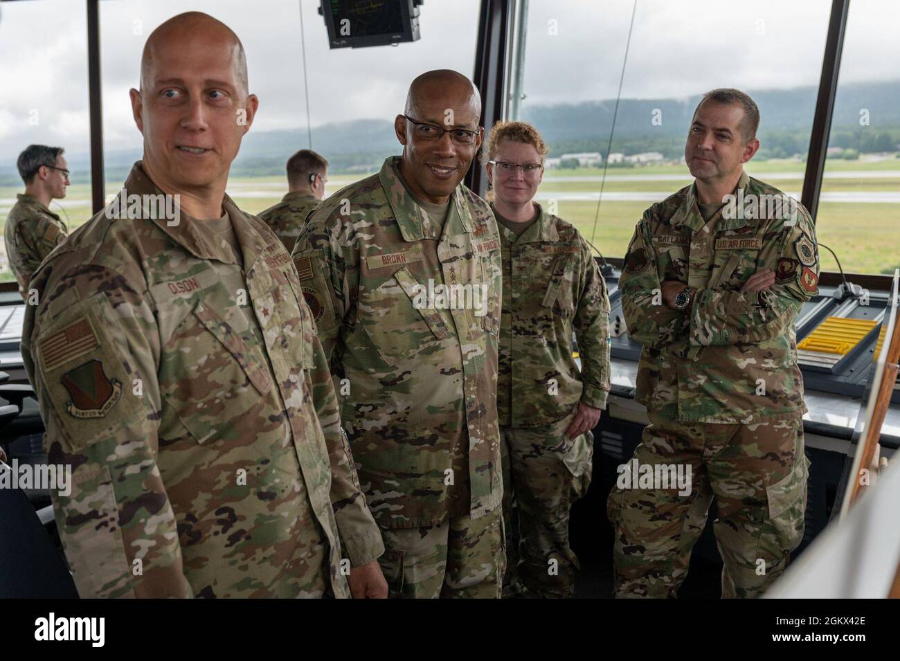 Air Force Chief of Staff Gen. CQ Brown, Jr., center left, discusses mission sets with Brig. Gen ...
