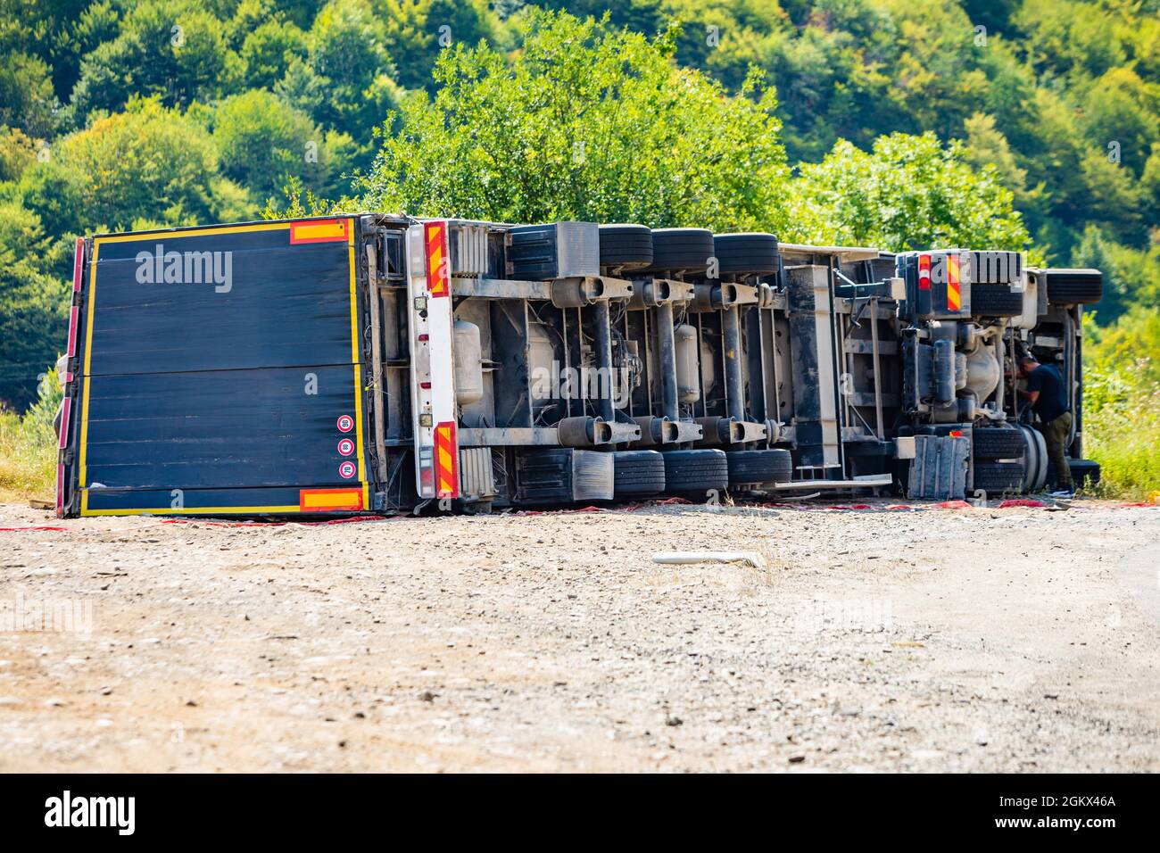 Large cargo truck turned over on road traffic accident at day Stock ...