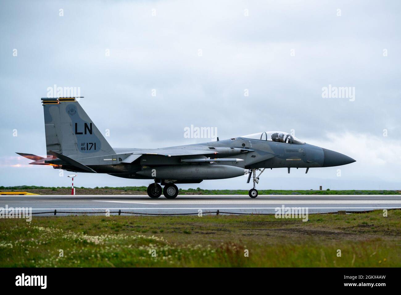 A U.S. Air Force F-15C Eagle, assigned to the 493rd Fighter Squadron, takes off in support of ...