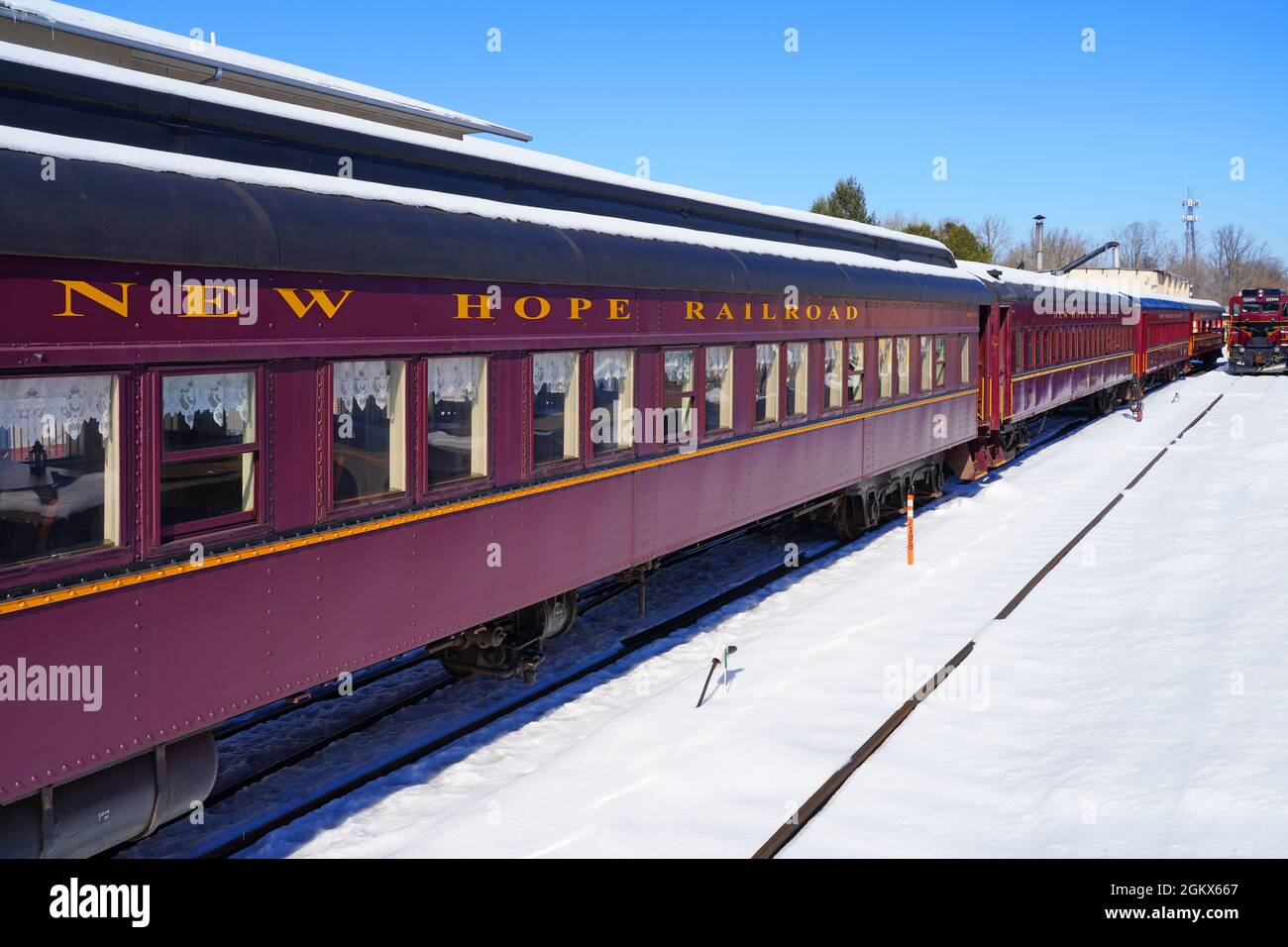 NEW HOPE, PA -21 FEB 2021- Winter view of the New Hope and Ivyland rail ...