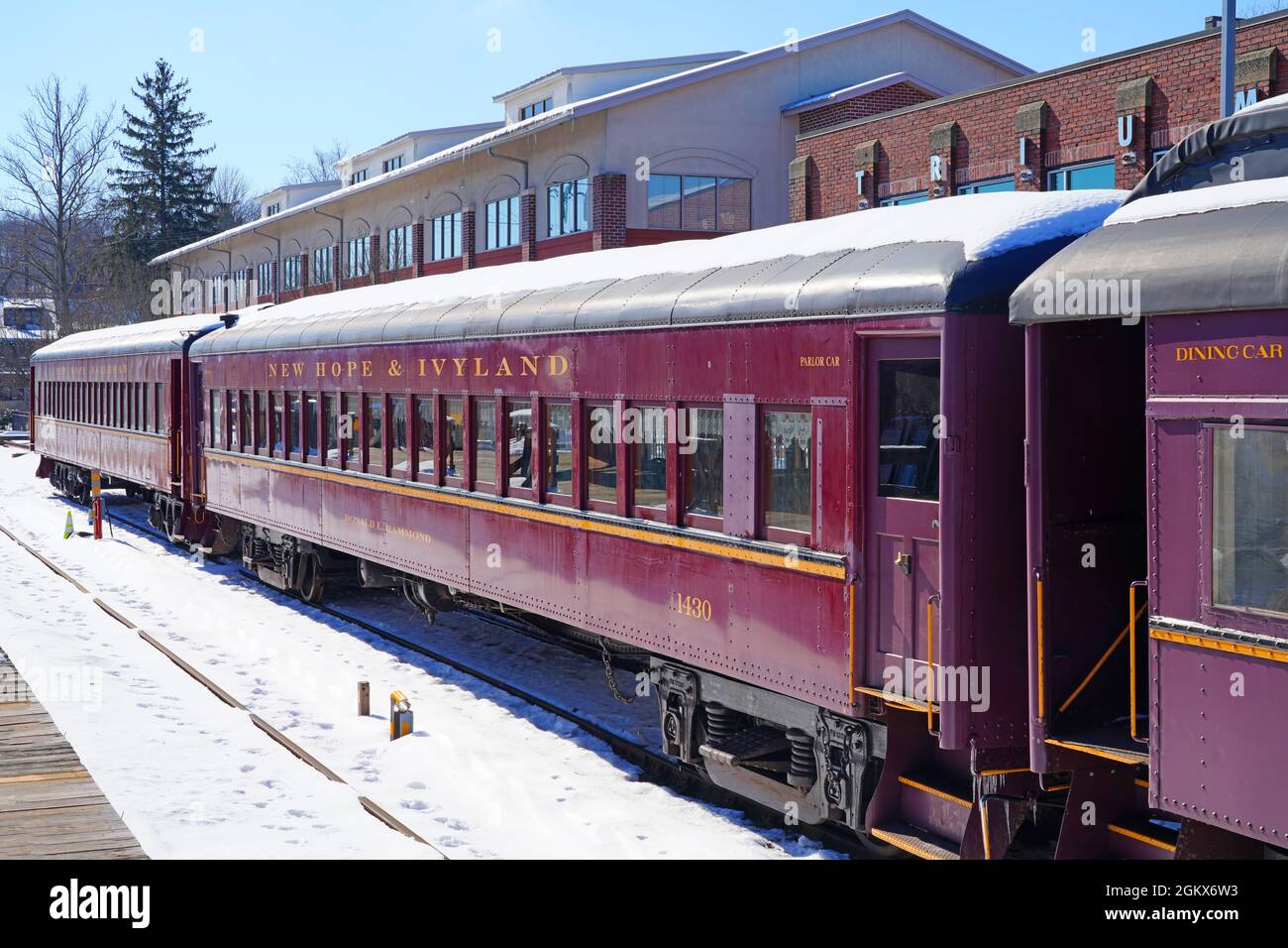 NEW HOPE, PA -21 FEB 2021- Winter view of the New Hope and Ivyland rail ...