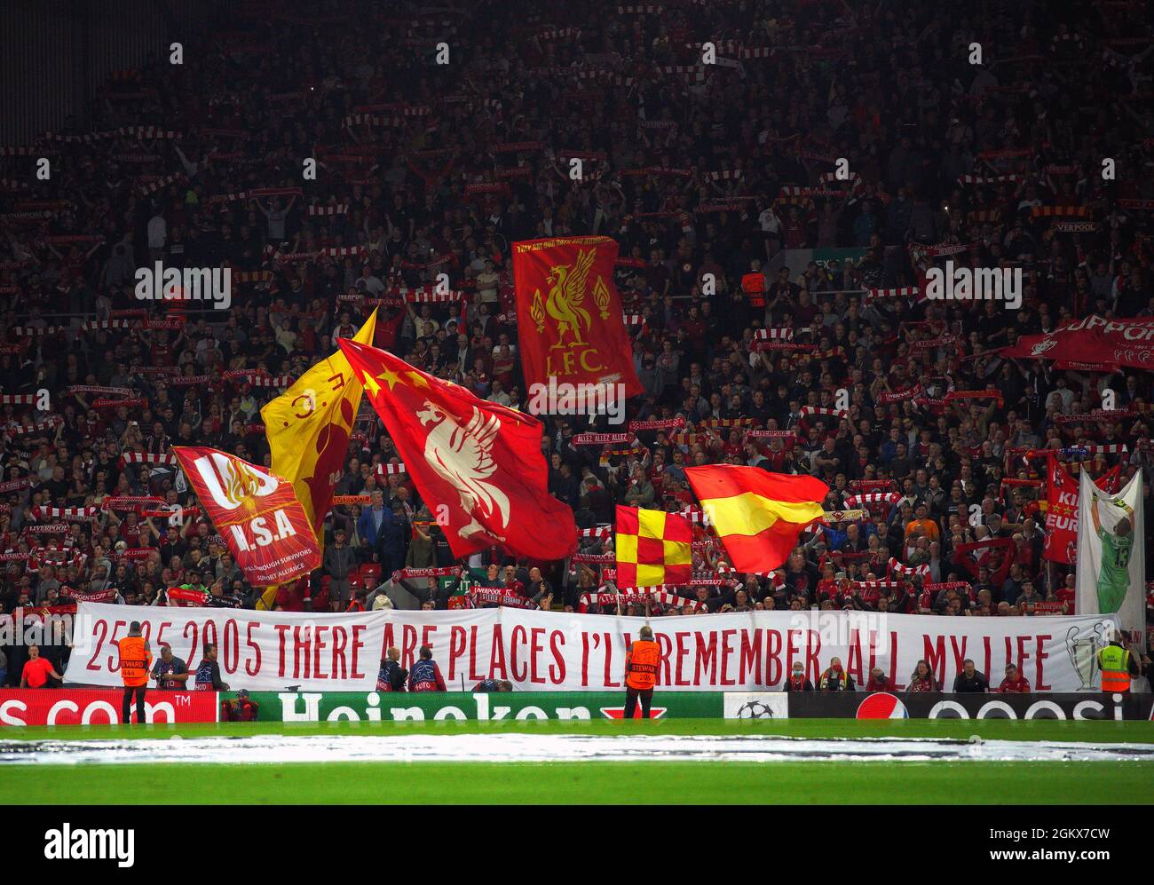 Liverpool fans in the stands show their support before the UEFA ...