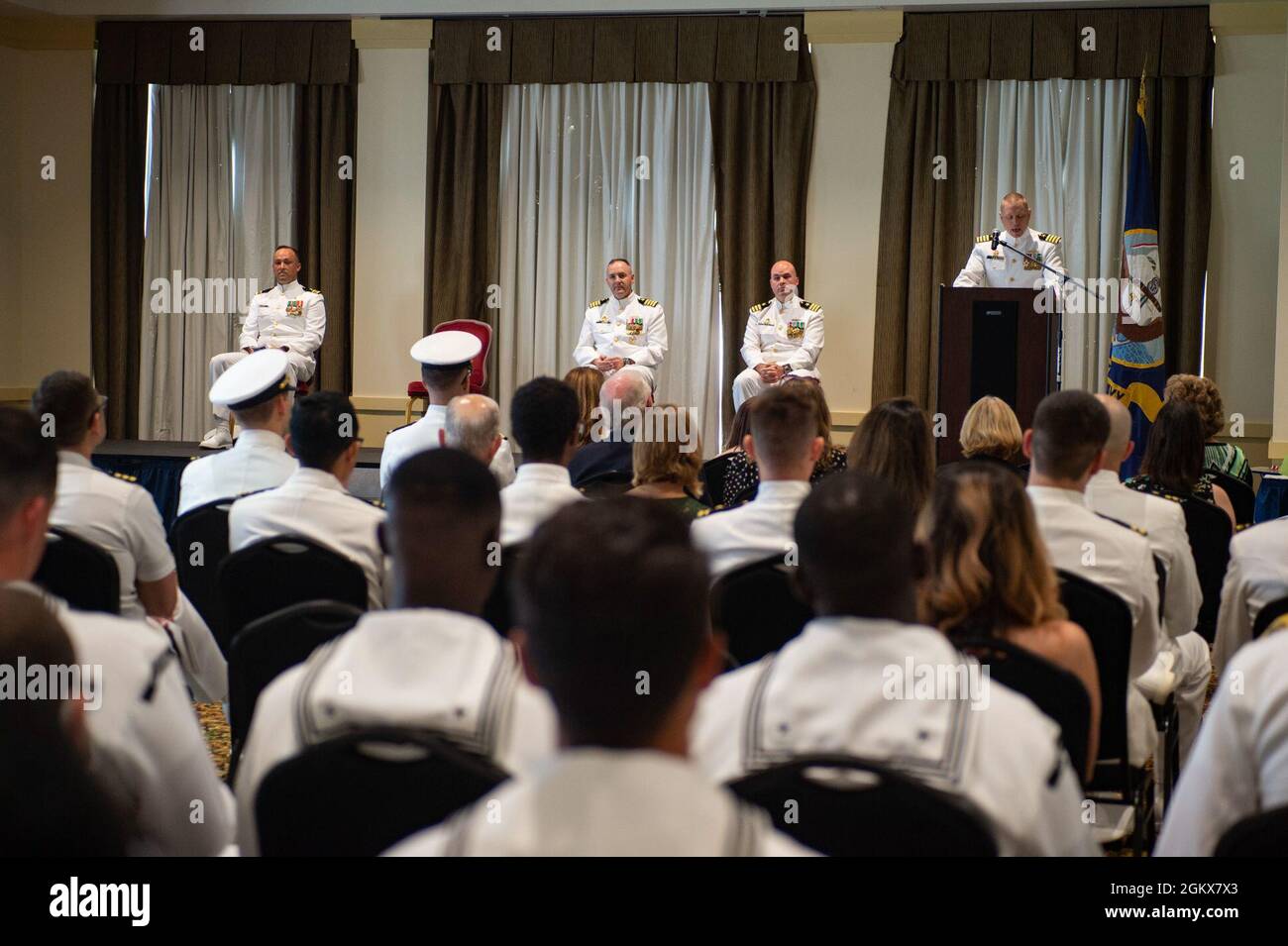 Capt. Jeffrey Juergens, commodore, Submarine Squadron 6, serves as the guest speaker during a ...