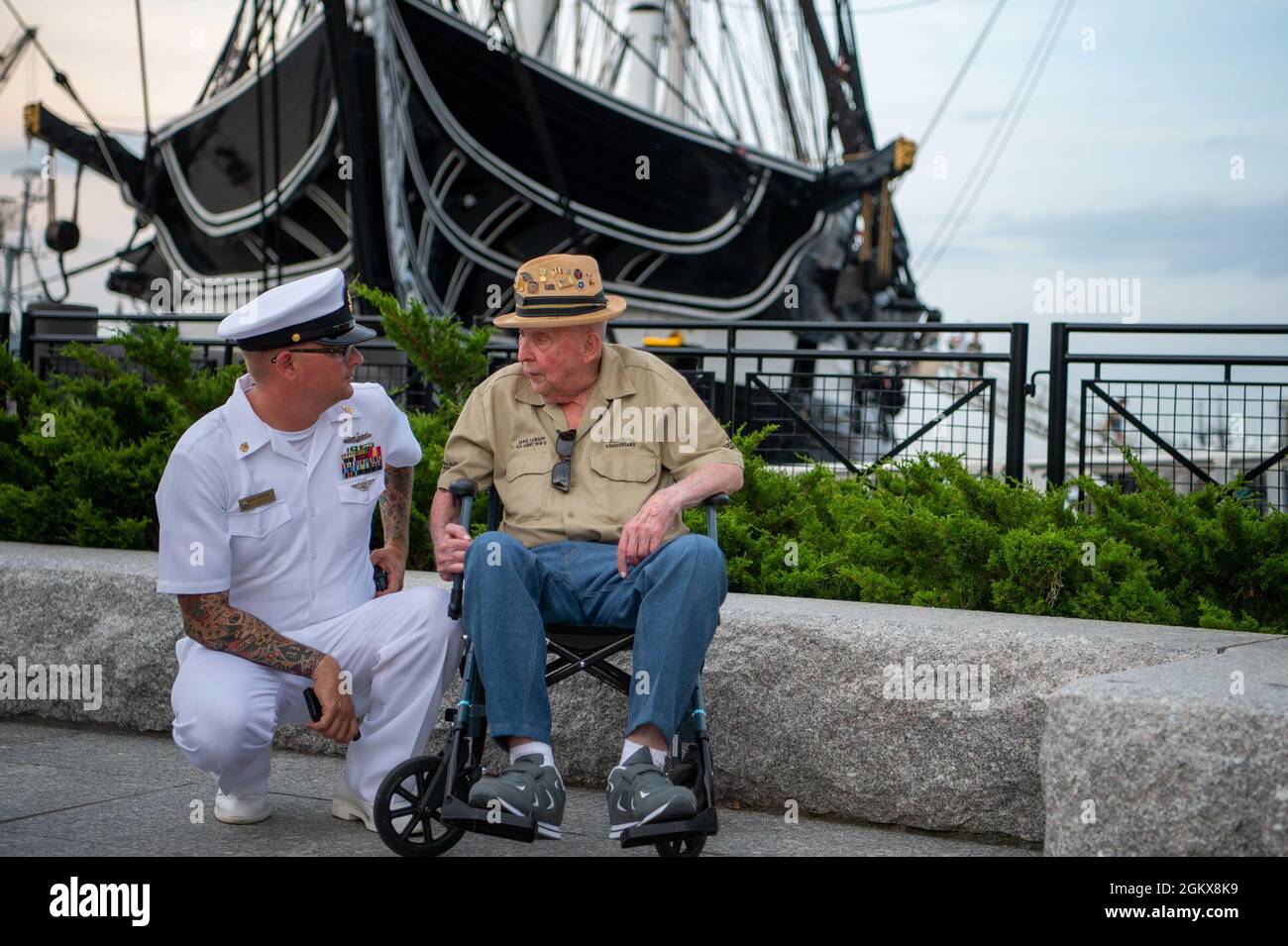 BOSTON (July 16, 2021) Retired Army Staff Sgt. Jake Larson speaks with ...
