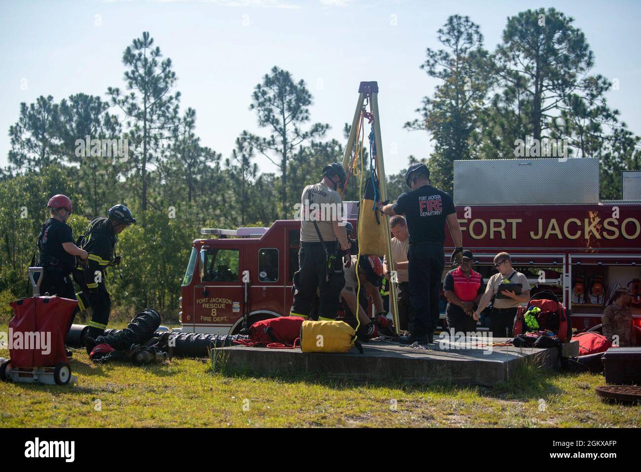 Members of the Fort Jackson Fire Department set up equipment prior to ...