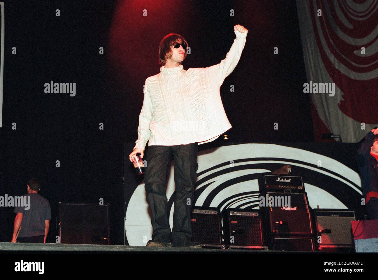 Liam Gallagher salutes the 250,00 crowd before performing live onstage ...