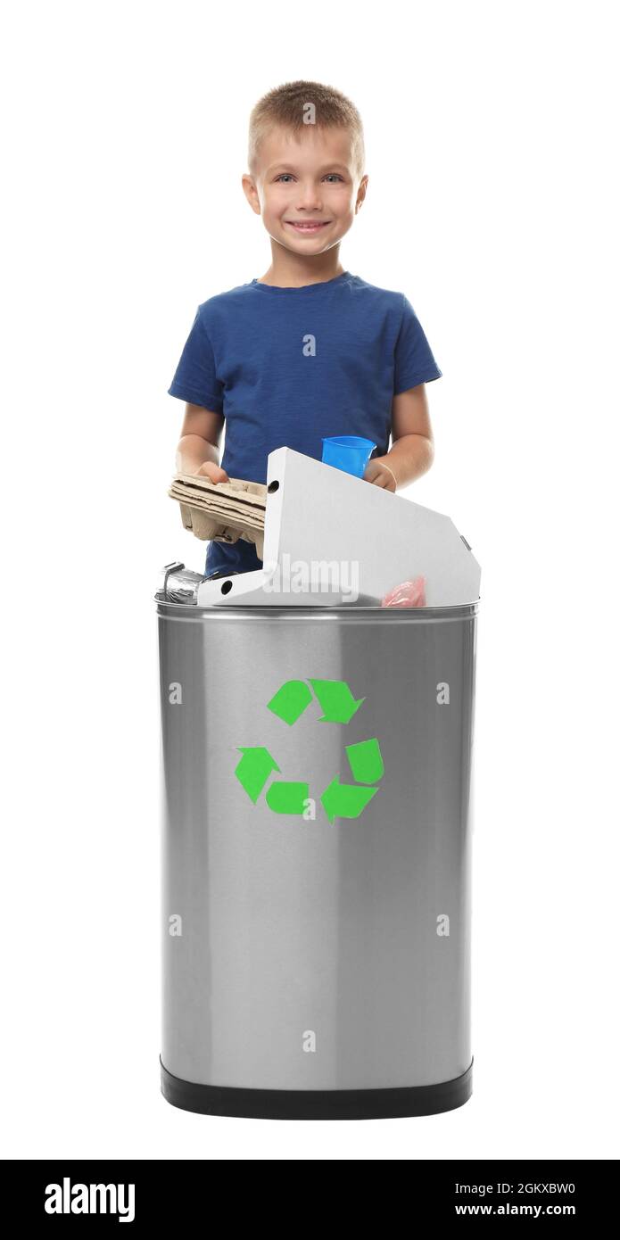Little boy throwing garbage into litter bin on white background ...