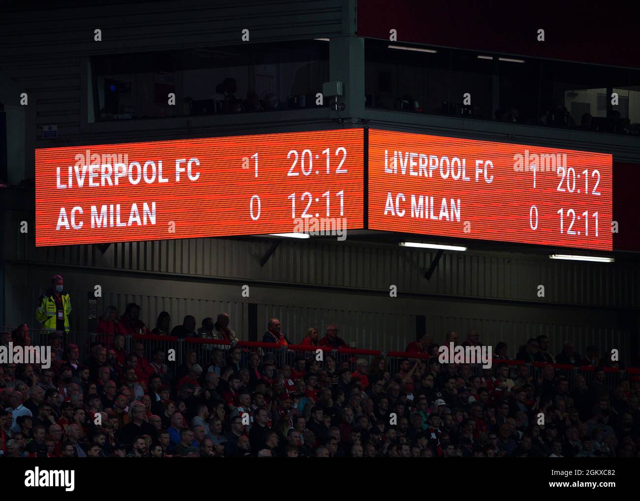 A general view of the scoreboard reading Liverpool 1-0 AC Milan during ...