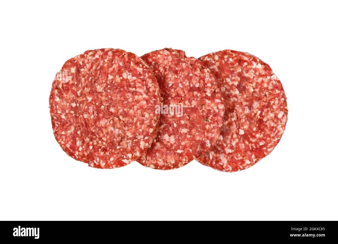 Three fresh raw beef meat burgers for hamburger isolated on white ...