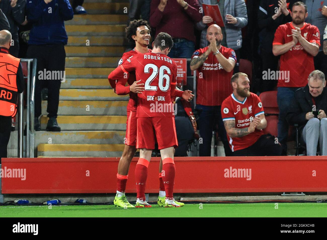 Trent Alexander-Arnold #66 of Liverpool celebrates his goal to make it ...