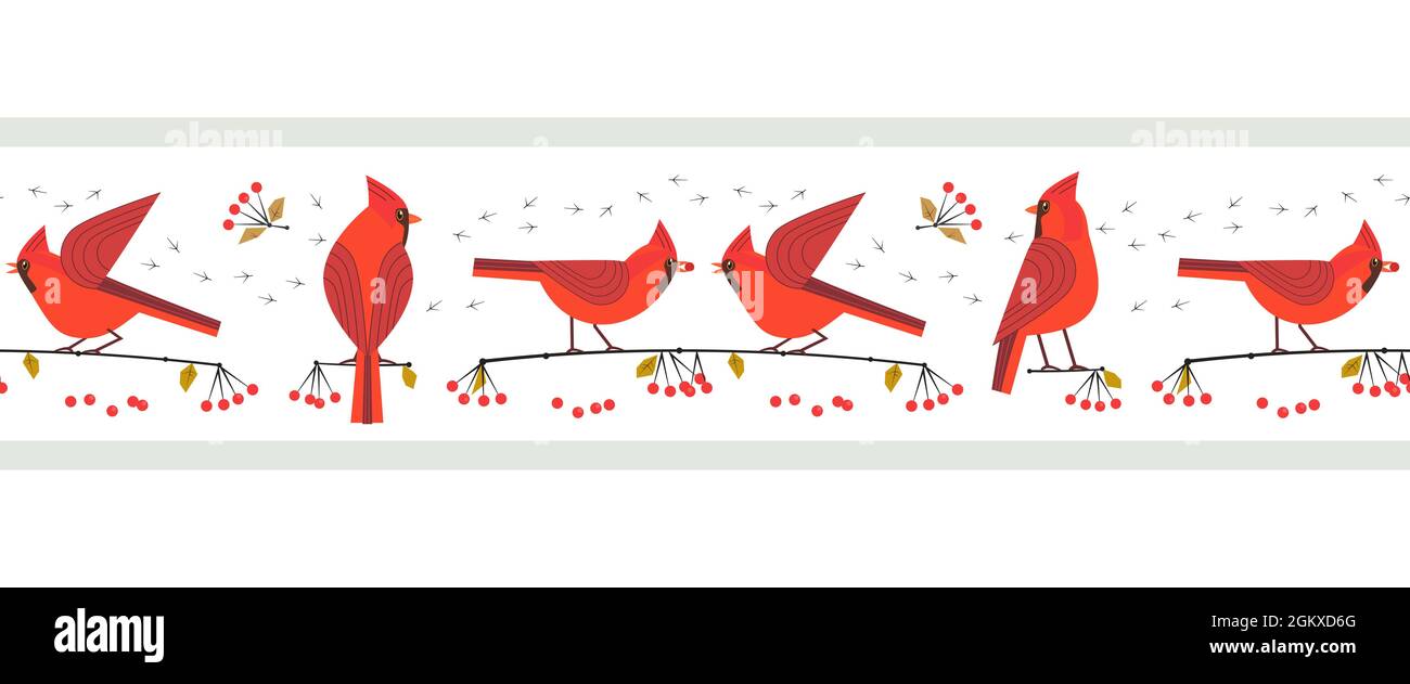 Red cardinal birds cute seamless vector border Stock Vector Image & Art ...