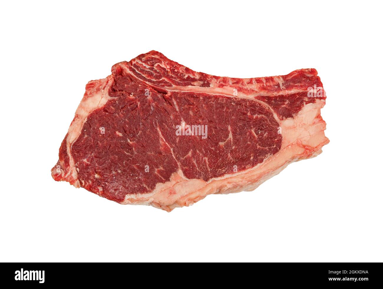 Close up one marbled raw ribeye beef steak with rib bone isolated on ...